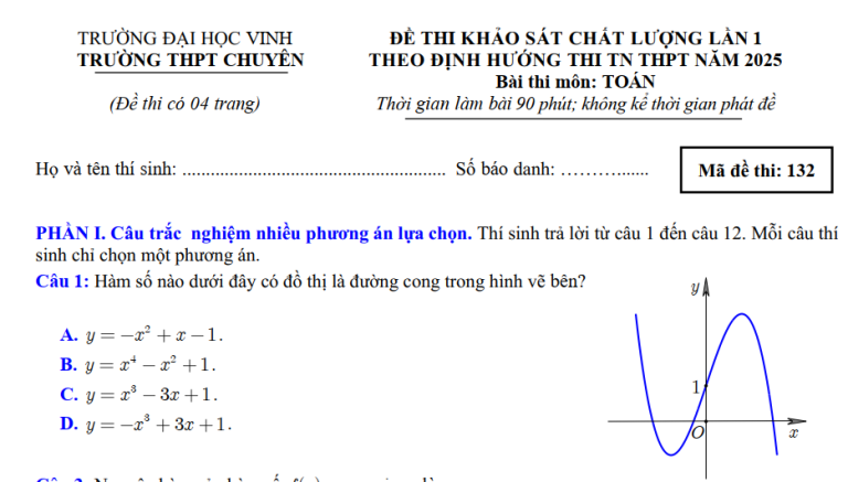 Chia sẻ Đề KSCL Toán lần 1 thi TN THPT 2025 trường THPT chuyên ĐH Vinh – Nghệ An - Toán cấp 3